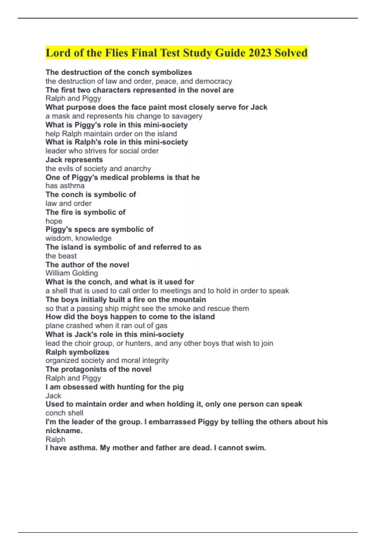 Lord of the Flies Final Test Study Guide 2023 Solved - Lord of the ...