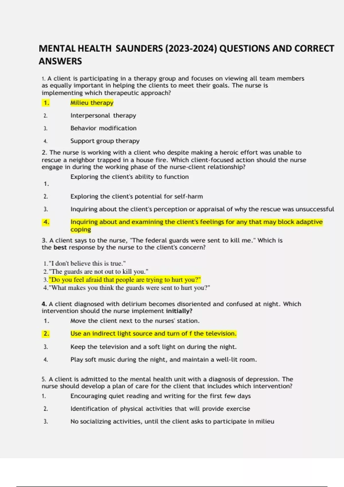 MENTAL HEALTH SAUNDERS () QUESTIONS AND CORRECT ANSWERS&RATIONALES ...