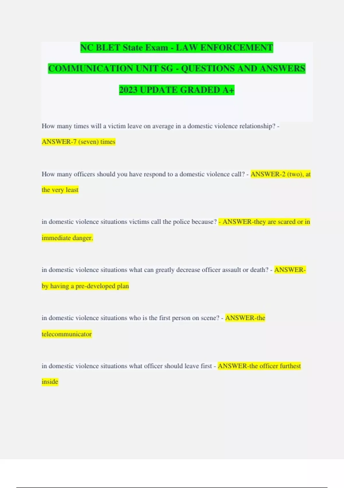 NC BLET State Exam - LAW ENFORCEMENT COMMUNICATION UNIT SG - QUESTIONS ...