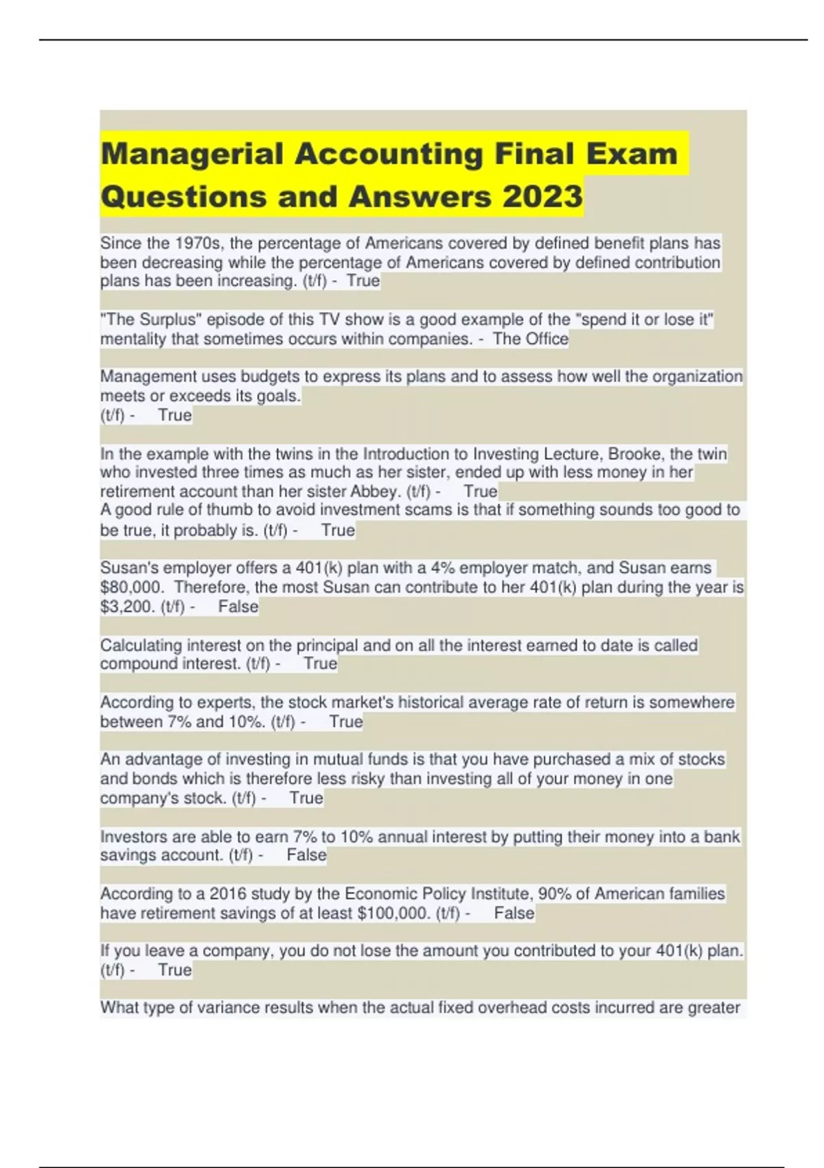 Managerial Accounting Final Exam Questions and Answers 2023 ...