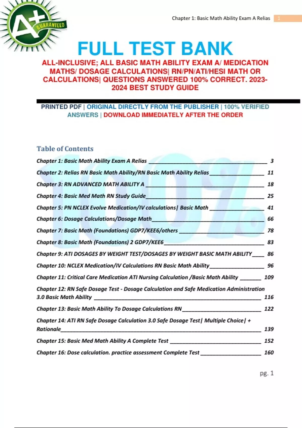 ALL-INCLUSIVE; ALL BASIC MATH ABILITY EXAM A/ MEDICATION MATHS/ DOSAGE ...