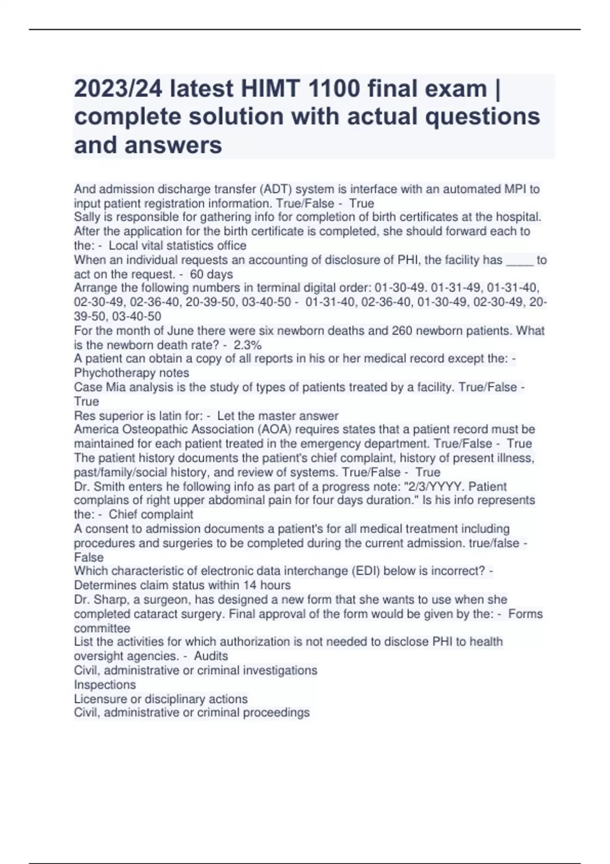 2023/24 latest HIMT 1100 final exam | complete solution with actual ...