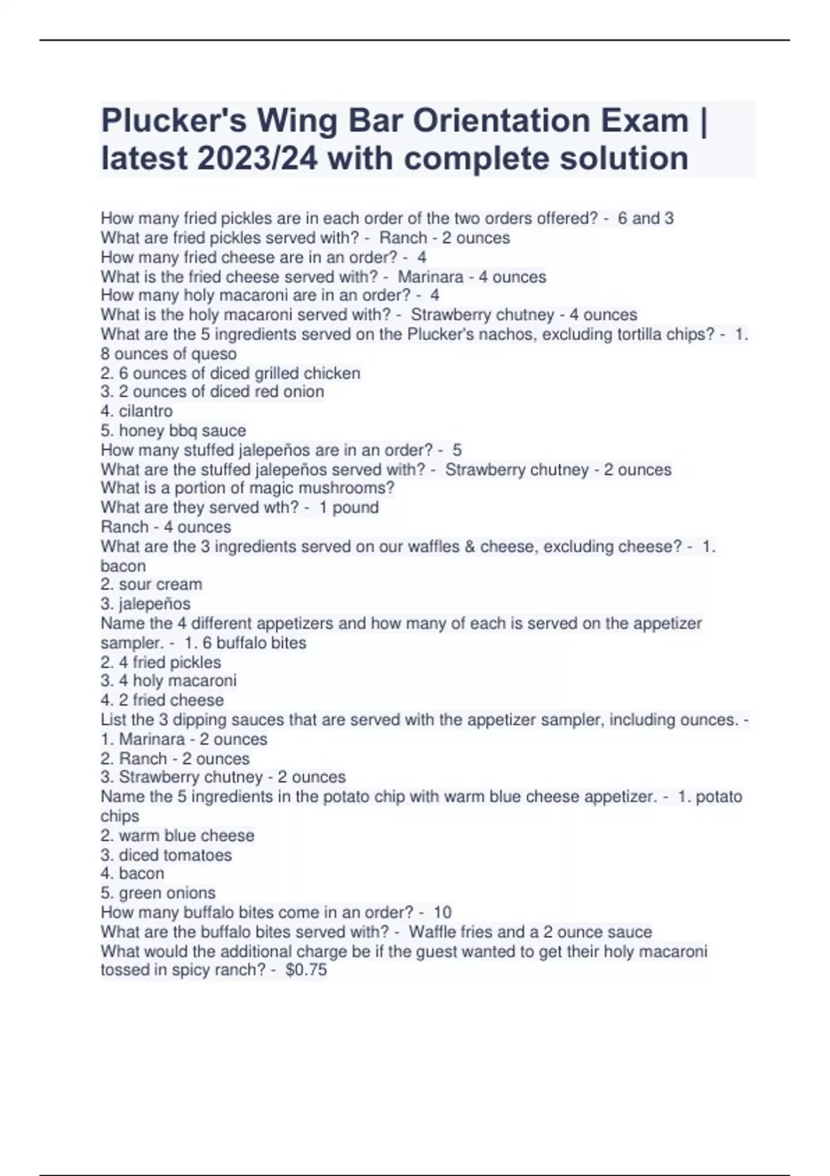 Plucker's Wing Bar Orientation Exam | latest 2023/24 with complete ...