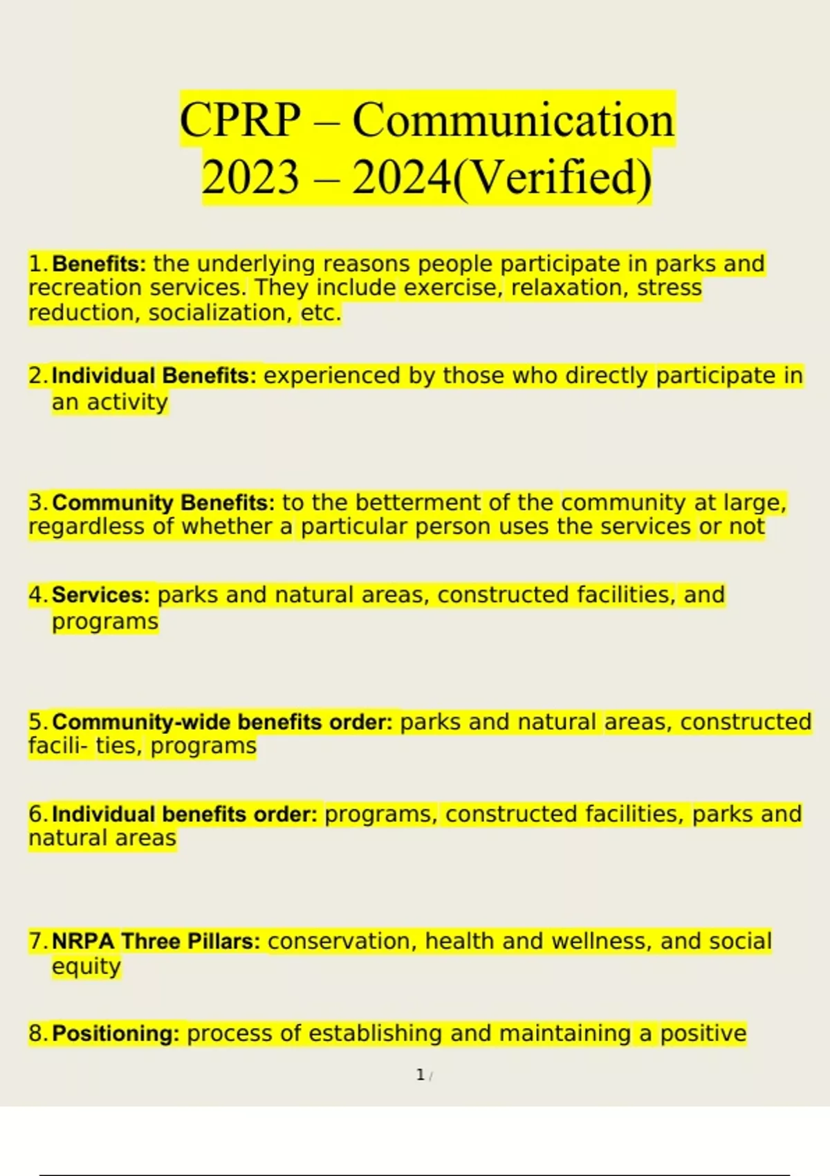 Summary CPRP – Communication Questions and Answers (2023/2024 ...