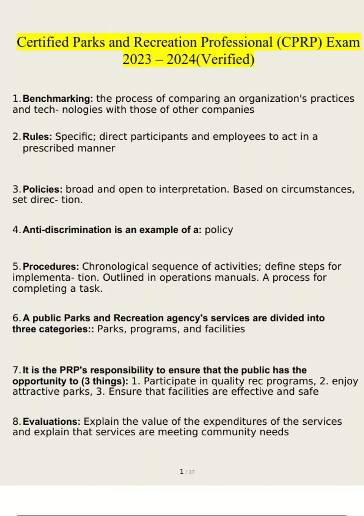 Summary Certified Parks and Recreation Professional (CPRP) Exam ...