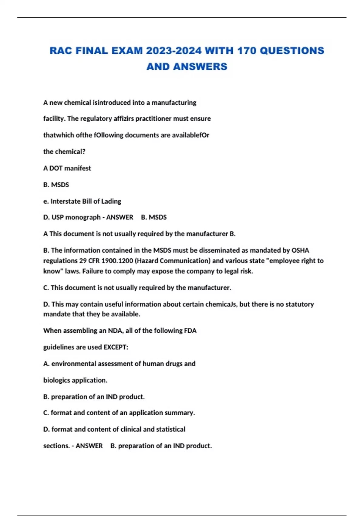 RAC FINAL EXAM WITH 170 QUESTIONS AND ANSWERS - RAC - Stuvia US