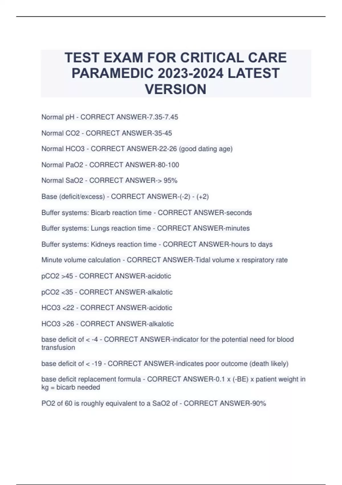 TEST EXAM FOR CRITICAL CARE PARAMEDIC LATEST VERSION - Critical Care ...