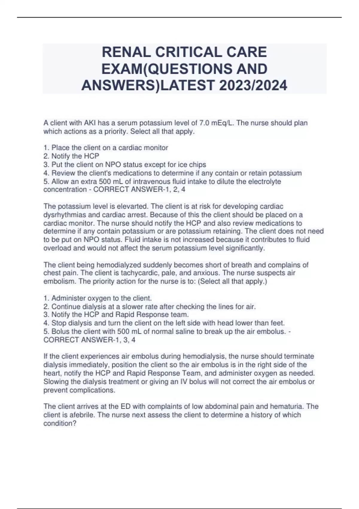 RENAL CRITICAL CARE EXAM(QUESTIONS AND ANSWERS)LATEST 2023/2024 ...