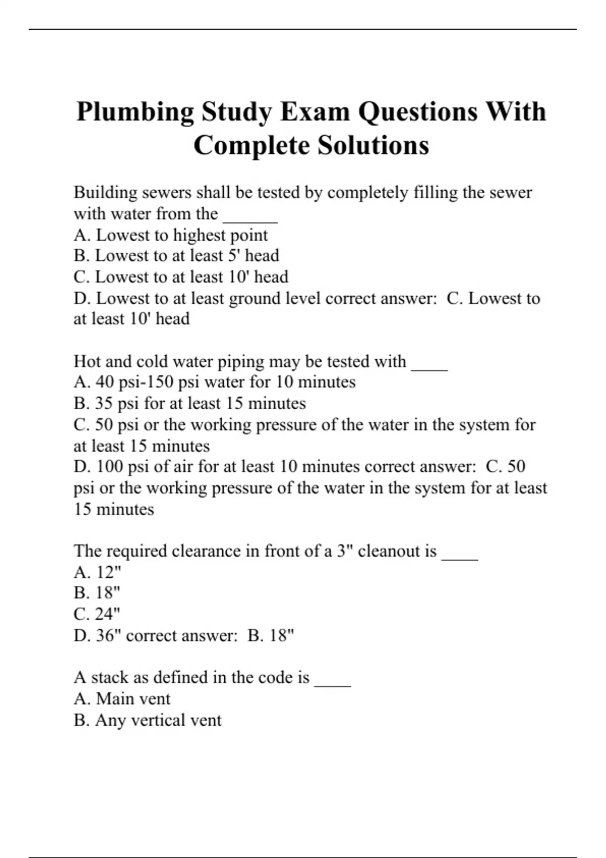 Plumbing Study Exam Questions With Complete Solutions - Plumbing ...