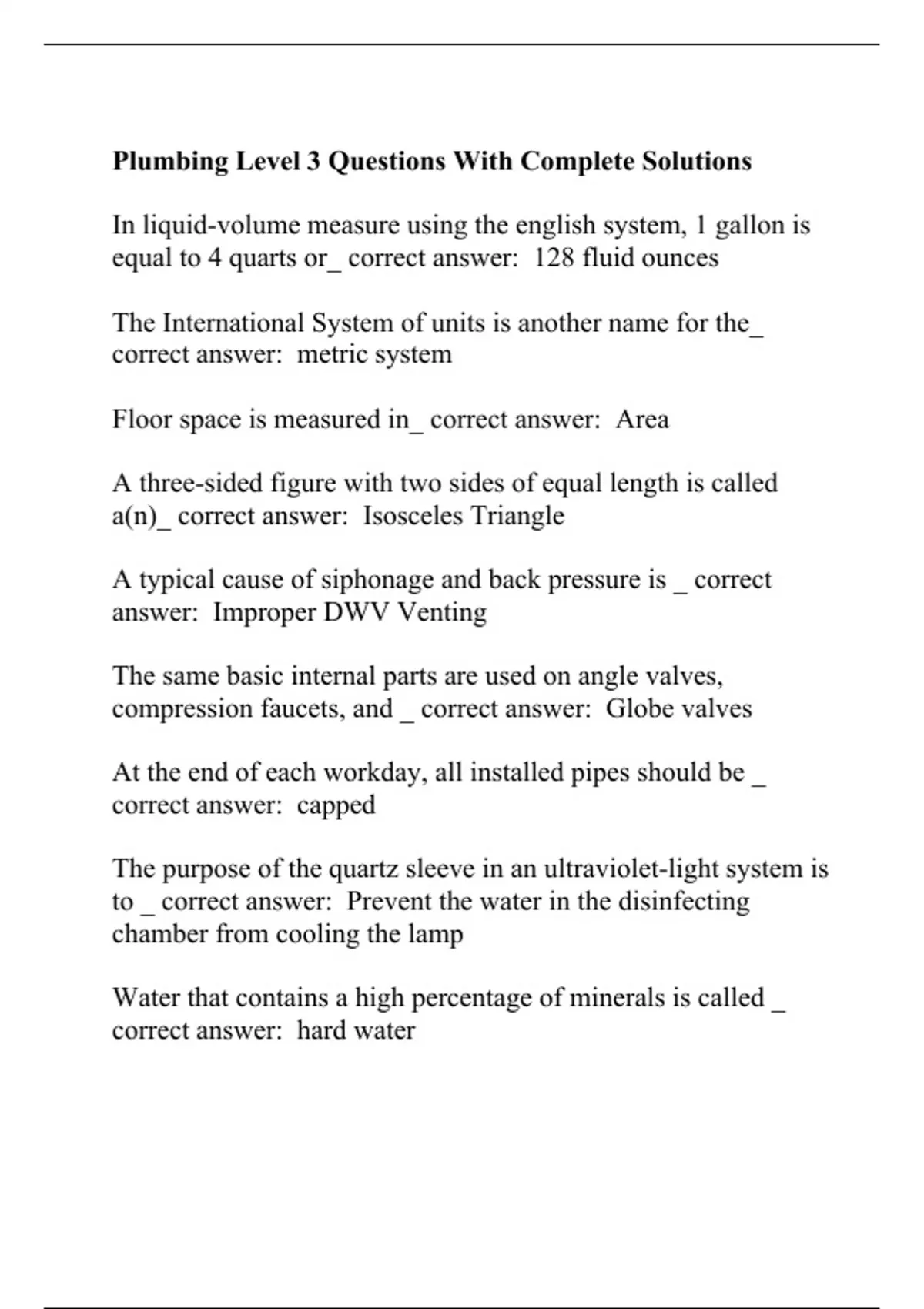 Plumbing Level 3 Questions With Complete Solutions - Plumbing - Stuvia US