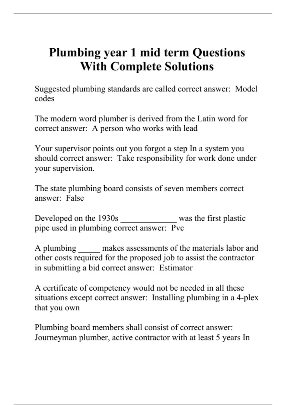 Plumbing year 1 mid term Questions With Complete Solutions - Plumbing ...
