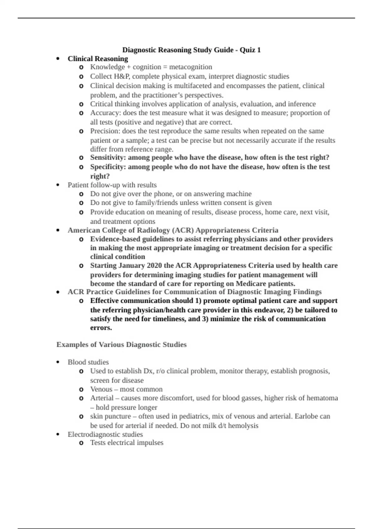 NSG 550 Diagnostics Study Guide Quiz 1 ,2 and 3 GRADED A+100% verified ...