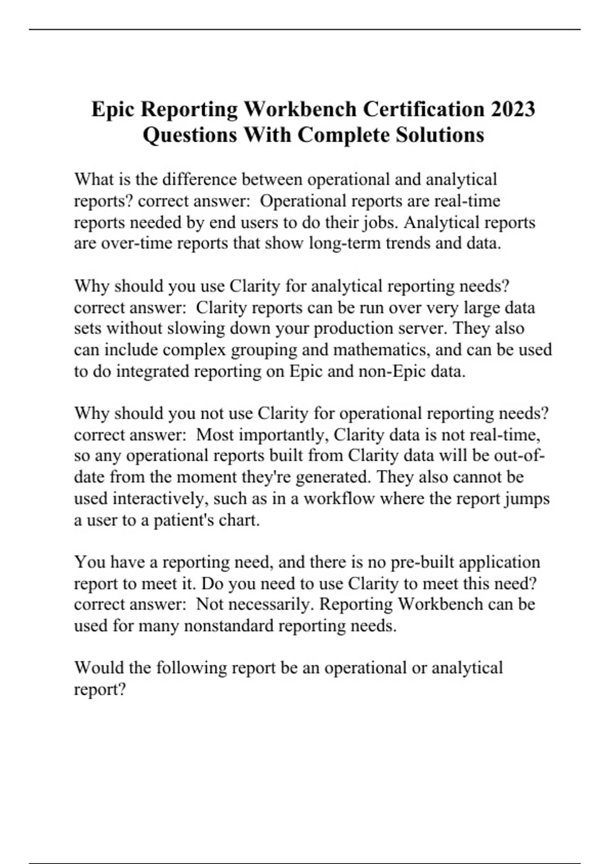 Epic Reporting Workbench Certification 2023 Questions With Complete ...