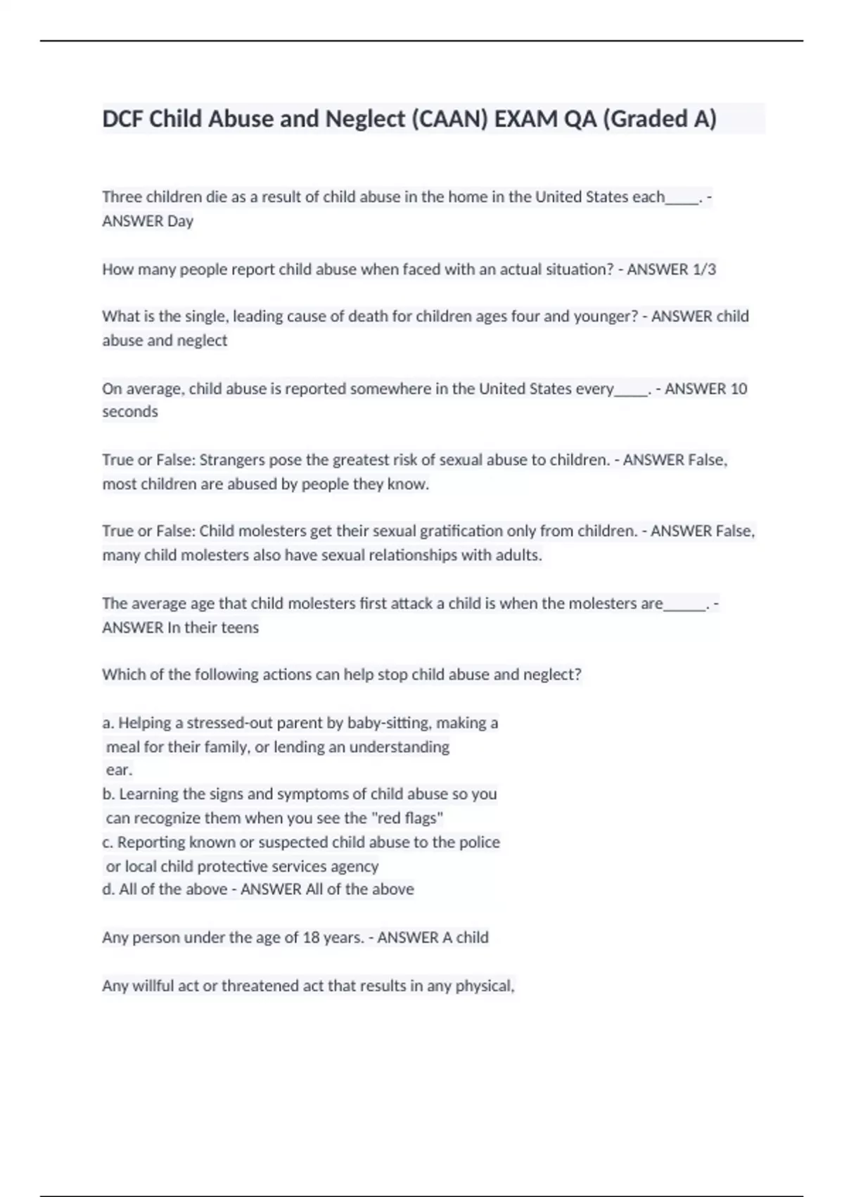 DCF Child Abuse and Neglect (CAAN) EXAM QA (Graded A) - DCF Child Abuse ...