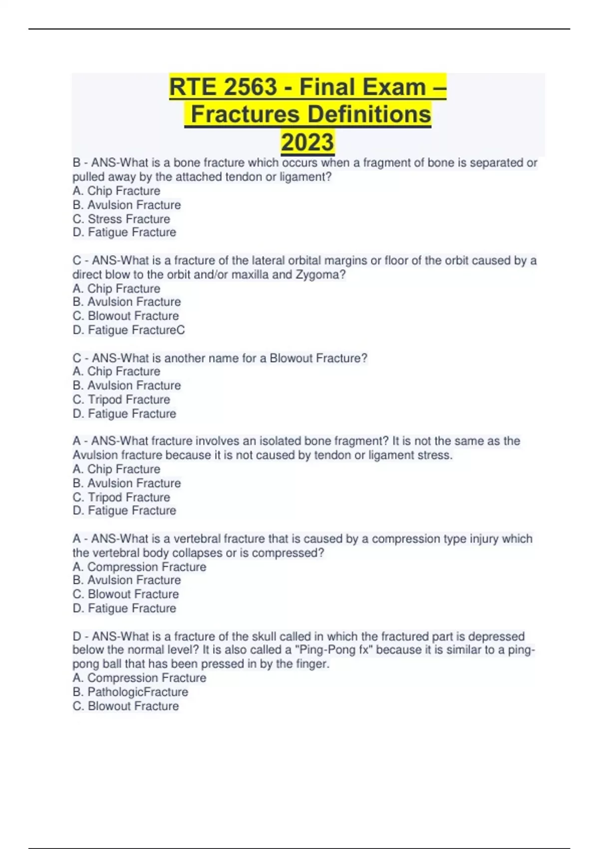 RTE 2563 - Final Exam – Fractures Definitions 2023 - RTE 2563 - Stuvia US