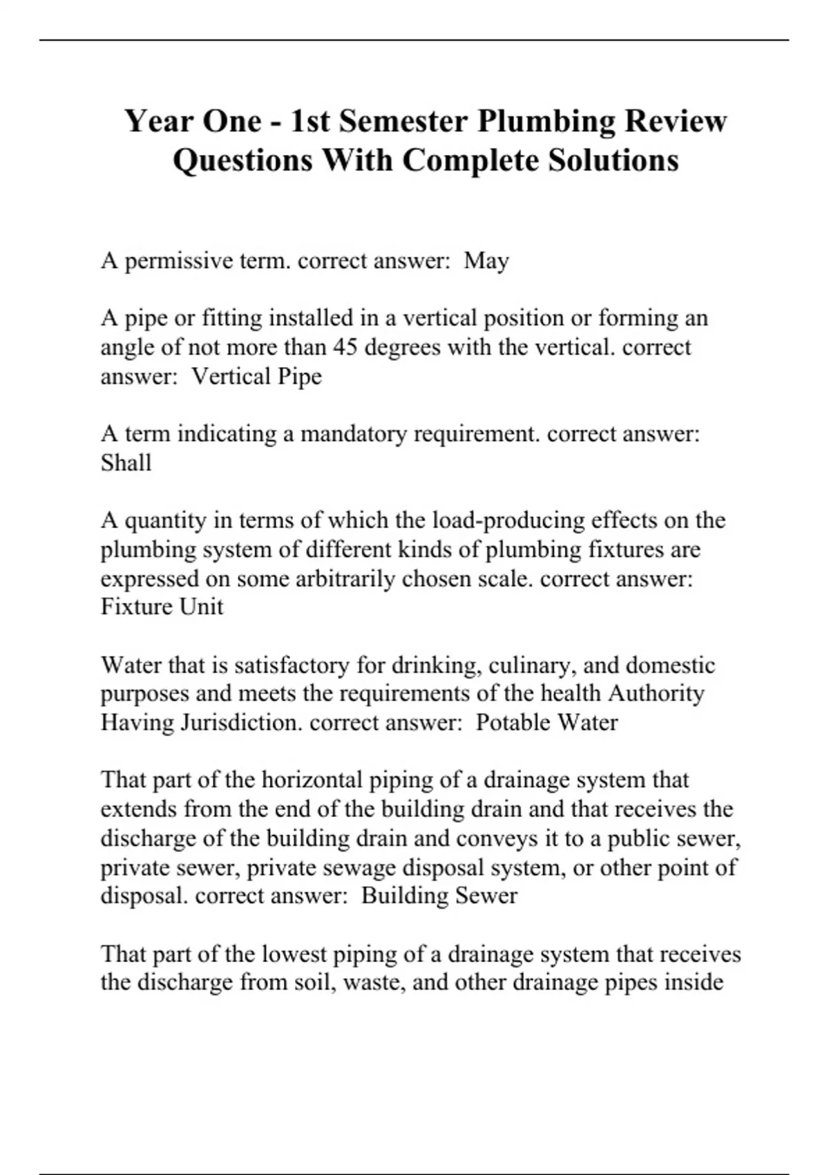 Year One - 1st Semester Plumbing Review Questions With Complete ...