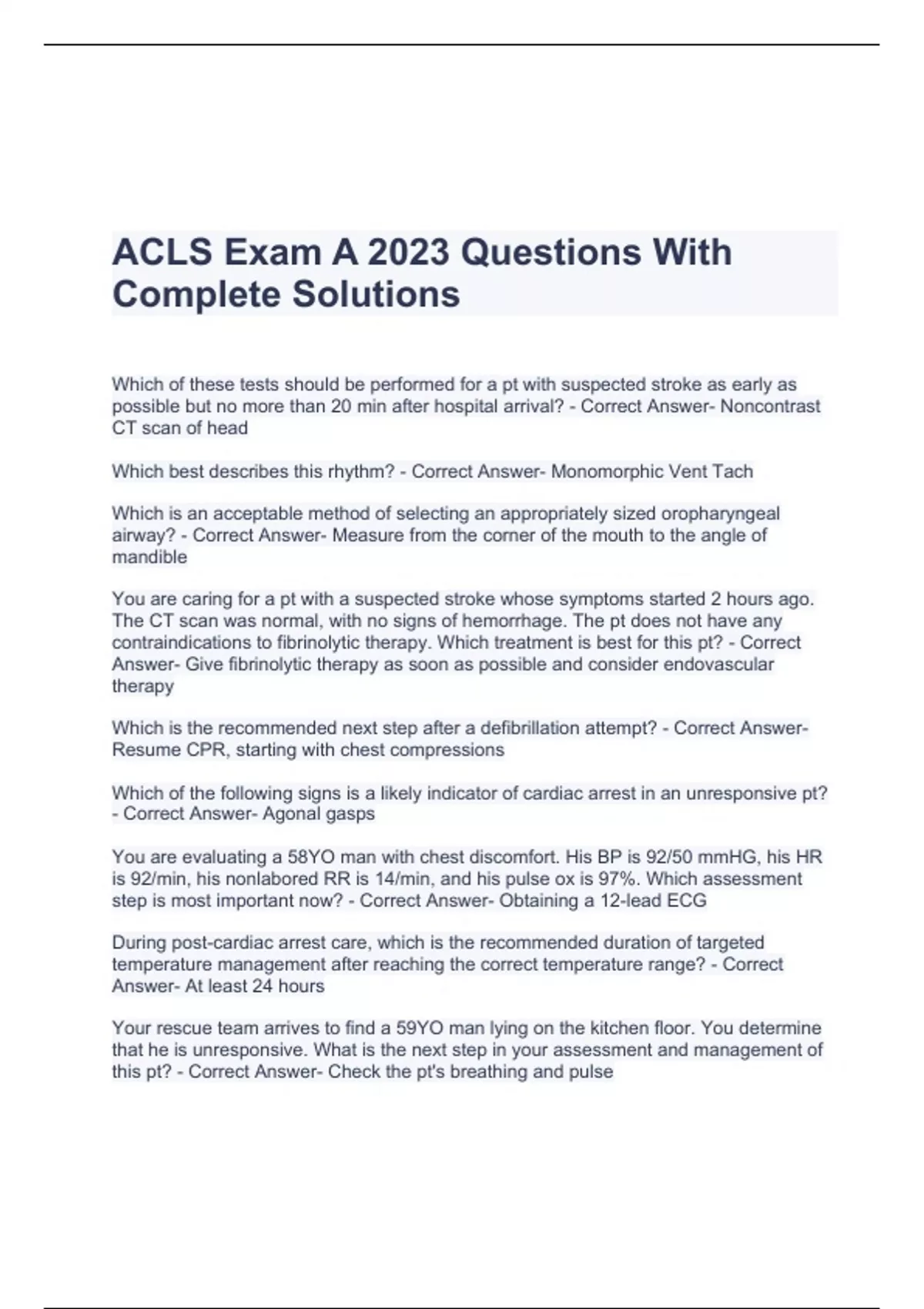 ACLS Exam A 2023 Questions With Complete Solutions - Acls - Stuvia US