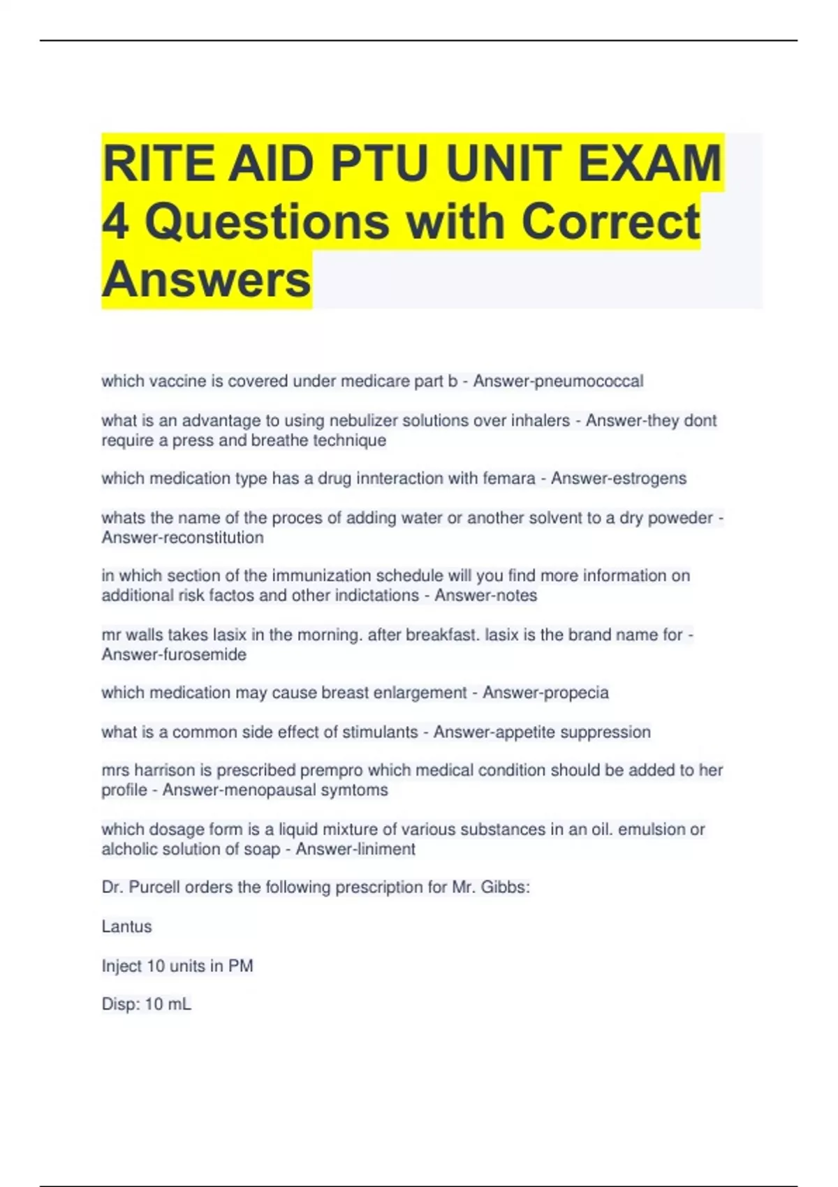 RITE AID PTU UNIT EXAM 4 Questions with Correct Answers - RITE AID PTU ...