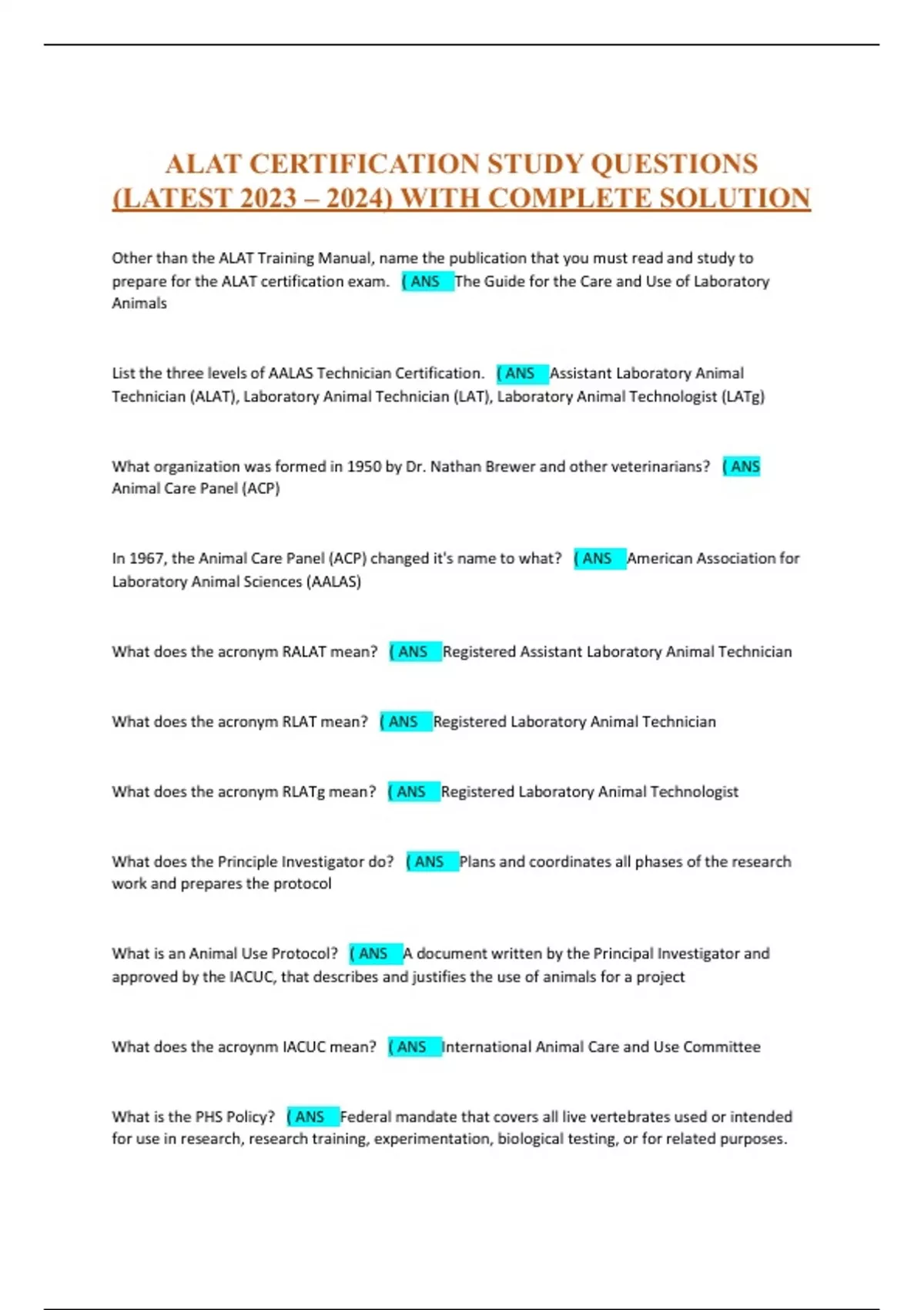 ALAT CERTIFICATION STUDY QUESTIONS (LATEST 2023 – 2024) WITH COMPLETE ...