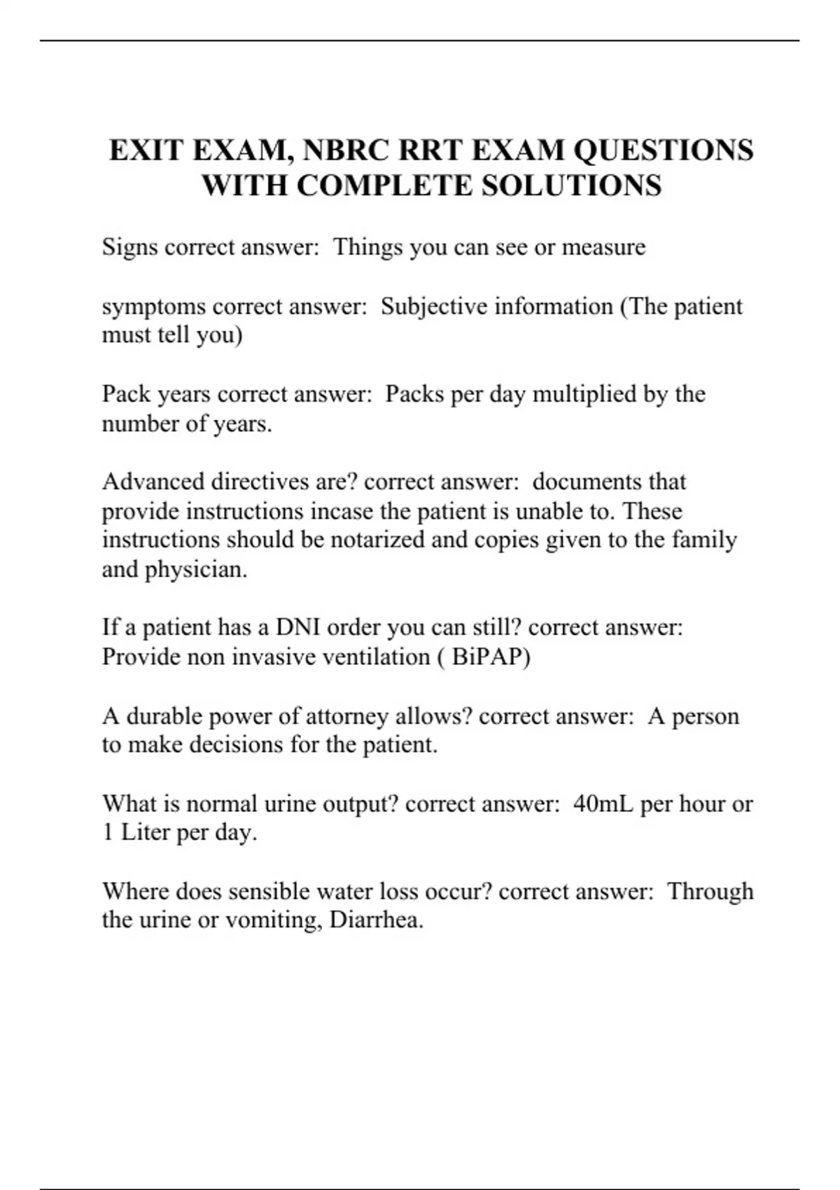EXIT EXAM, NBRC RRT EXAM QUESTIONS WITH COMPLETE SOLUTIONS - NBRC ...