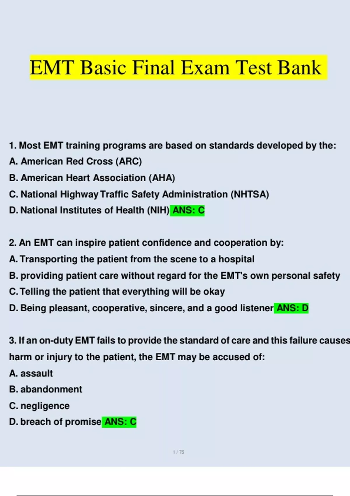 EMT Basic Final Exam Test Bank - 500 Questions and Answers (2025 / 2026 ...