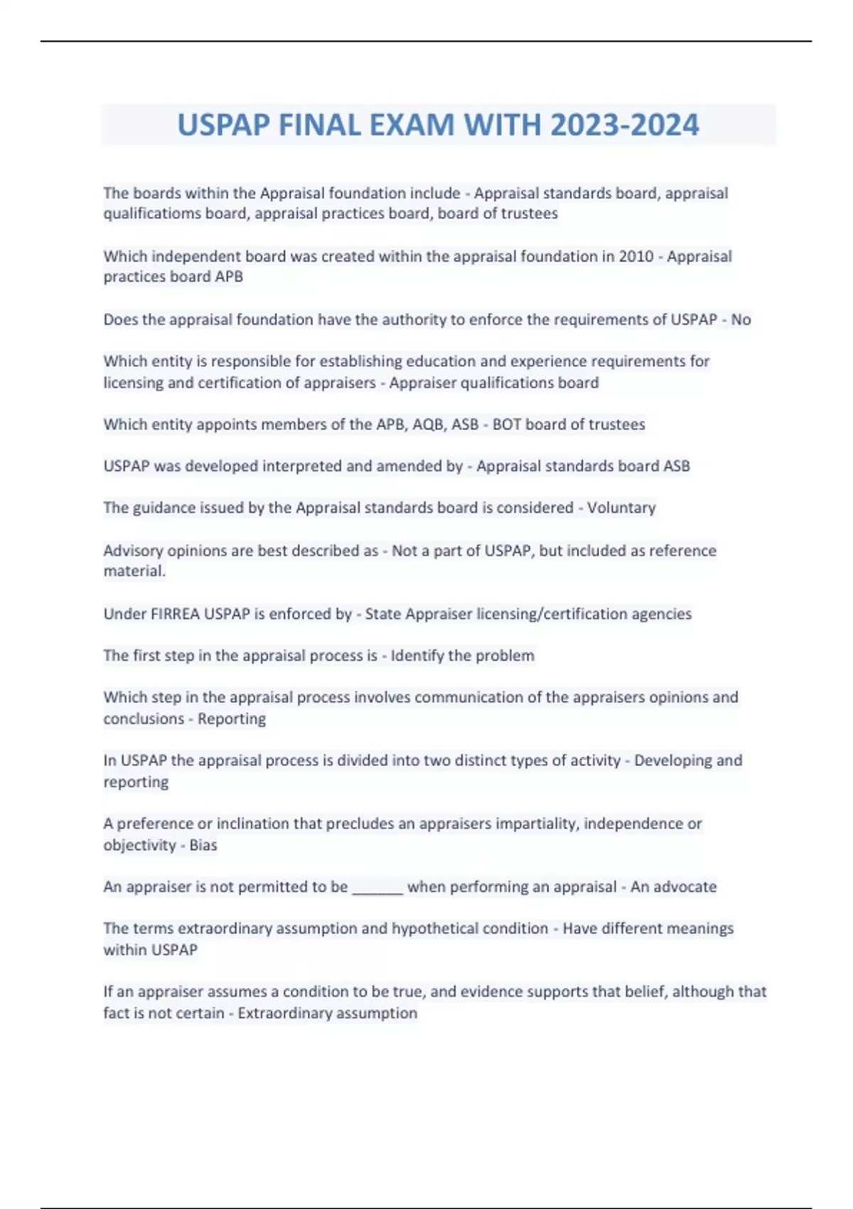 USPAP FINAL EXAM WITH - Uspap - Stuvia US