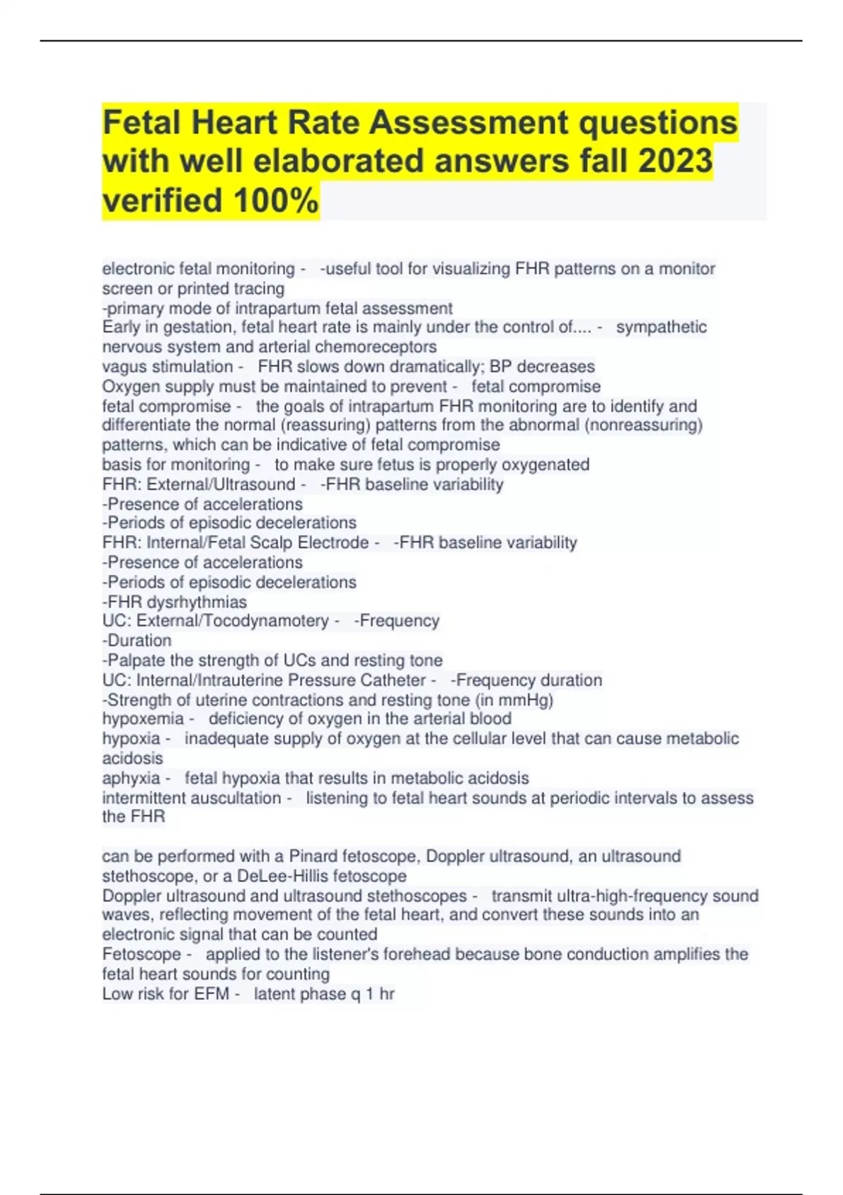 Fetal Heart Rate Assessment questions with well elaborated answers fall ...