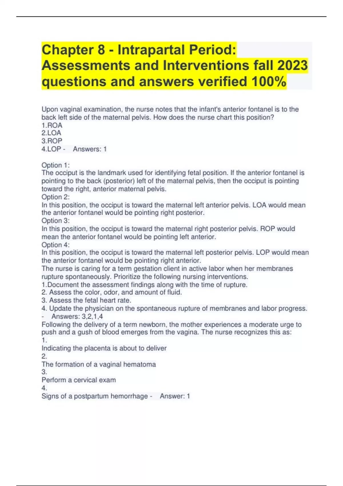 Chapter 8 - Intrapartal Period: Assessments and Interventions fall 2023 ...