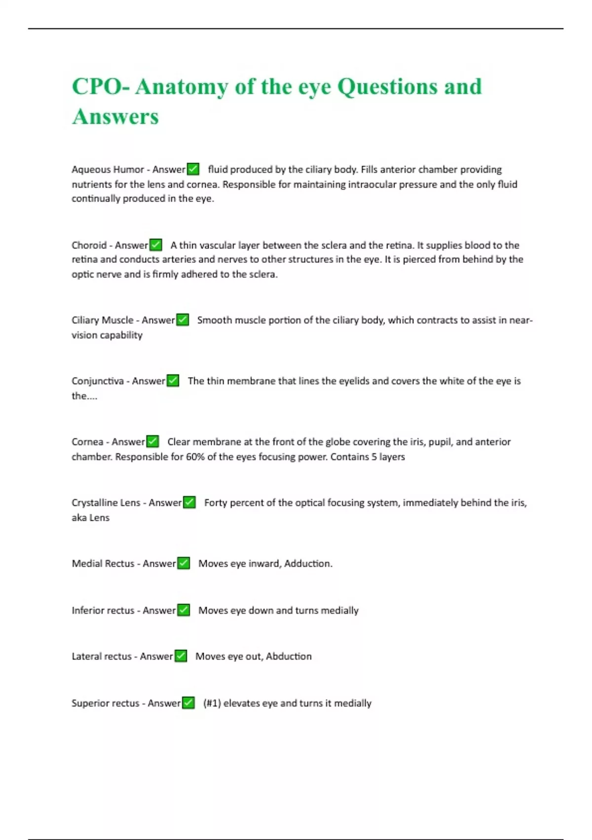 CPO- Anatomy of the eye Questions and Answers - CPO - Certified Paraoptometric - Stuvia US