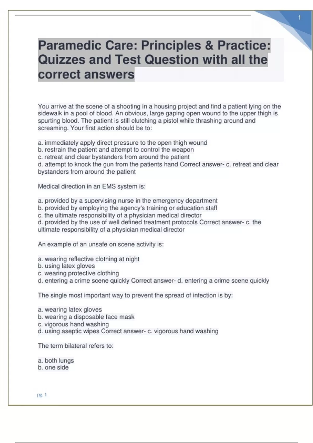 Paramedic Care: Principles & Practice: Quizzes and Test Question with ...