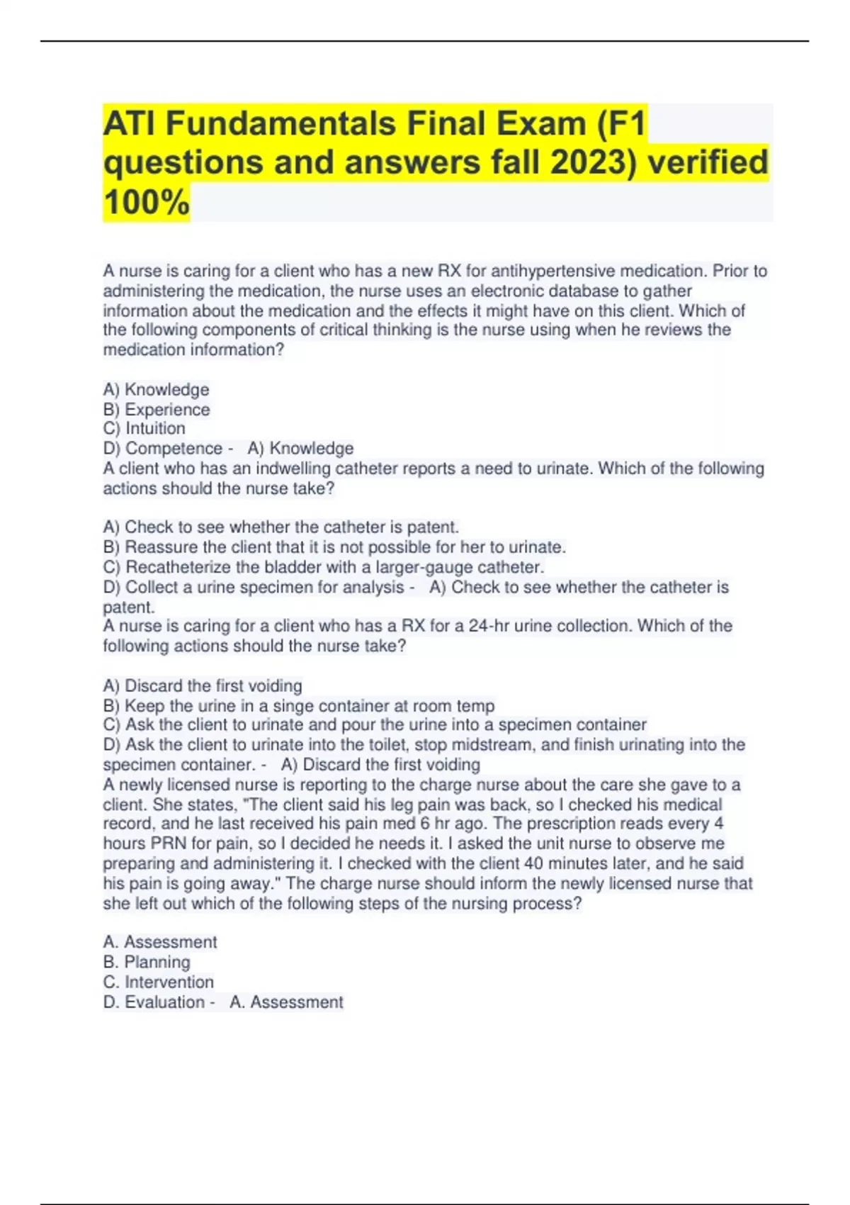 ATI Fundamentals Final Exam (F1 questions and answers fall 2023 ...