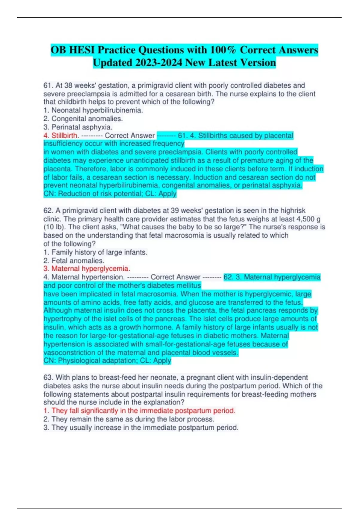 OB HESI Practice Questions with 100% Correct Answers Updated New Latest ...