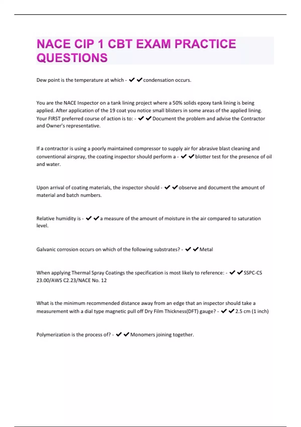 NACE CIP 1 CBT EXAM PRACTICE QUESTIONS SOLVED CORRECTLY - NACE CIP 1 CBT - Stuvia US