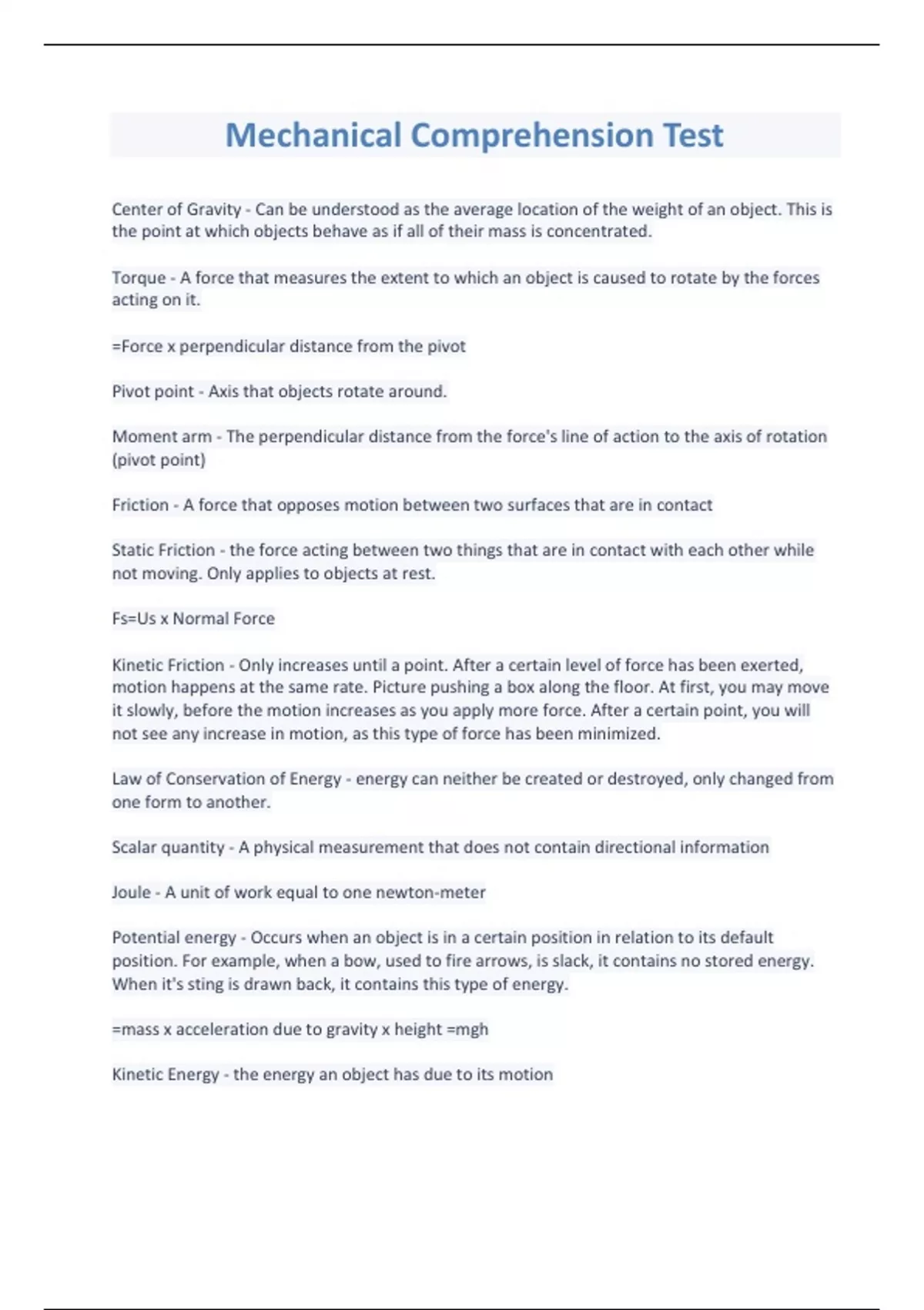 Mechanical Comprehension Test - Mechanical Comprehension - Stuvia US