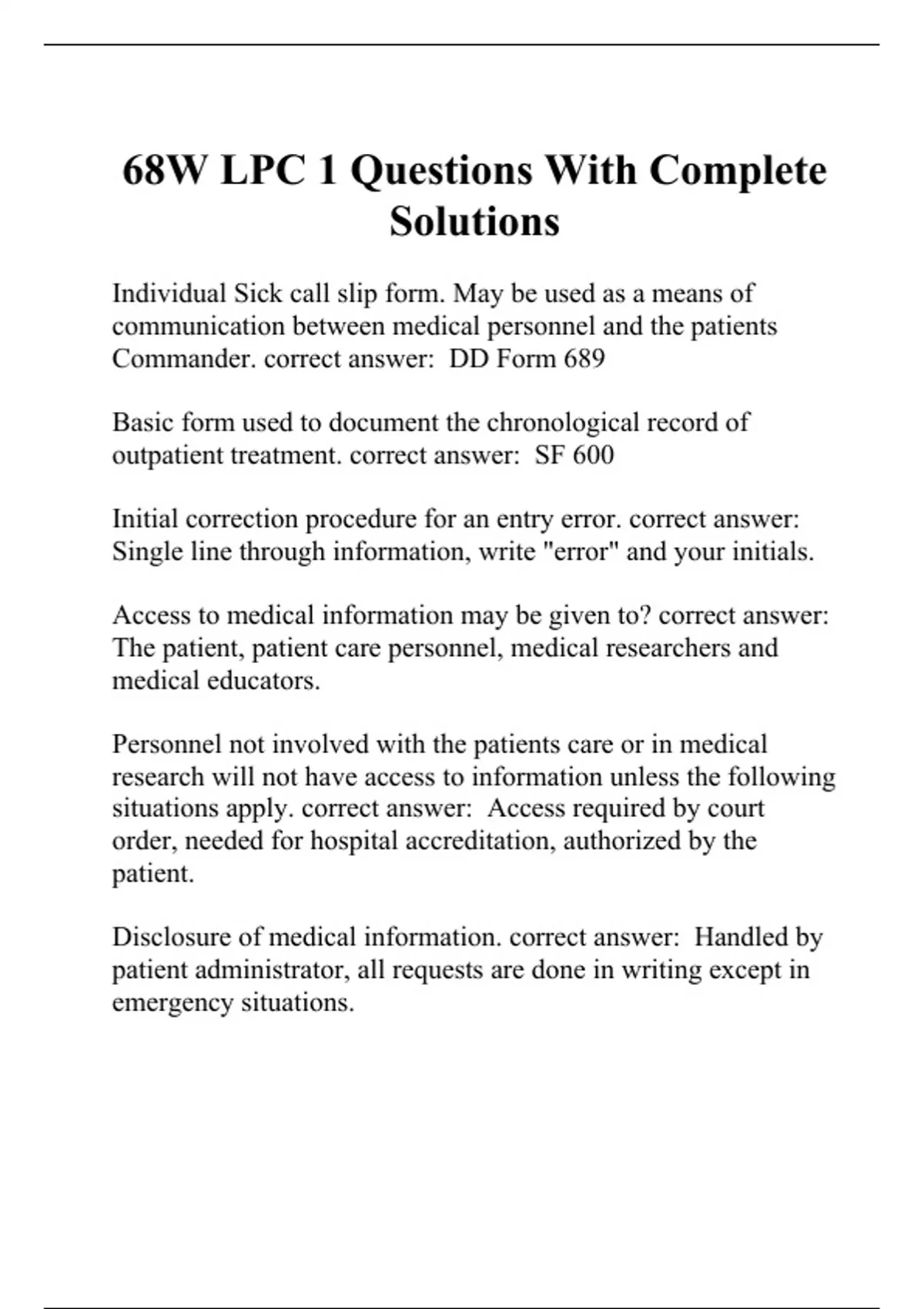 68W LPC 1 Questions With Complete Solutions - 68W LPC - Stuvia US