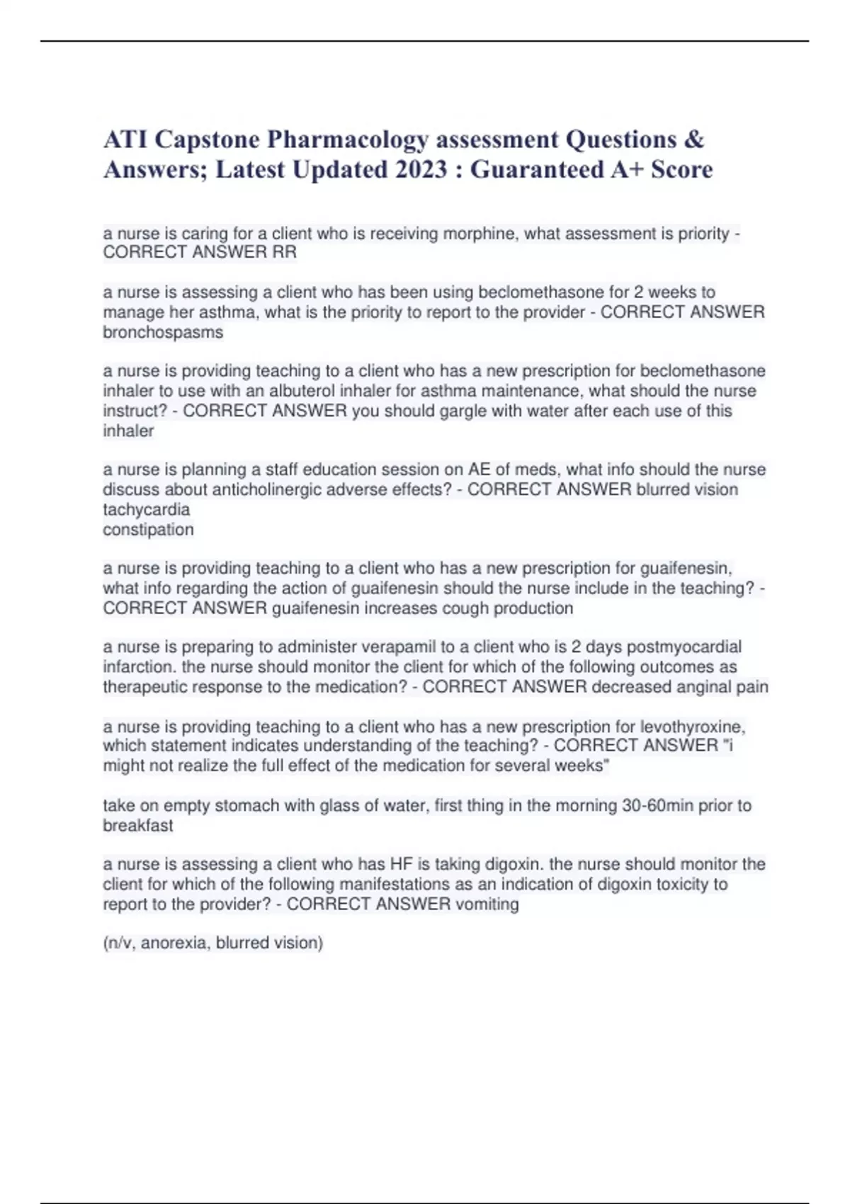 ATI Capstone Pharmacology assessment Questions & Answers; Latest ...