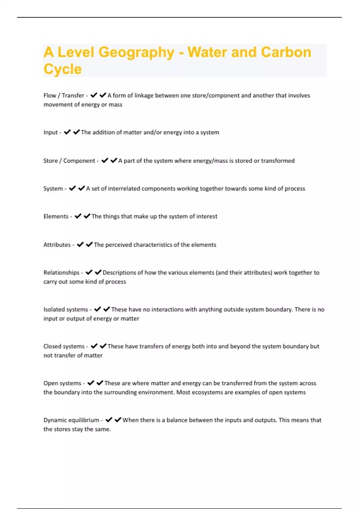 A Level Geography - Water and Carbon Cycle exam questions with 100% ...