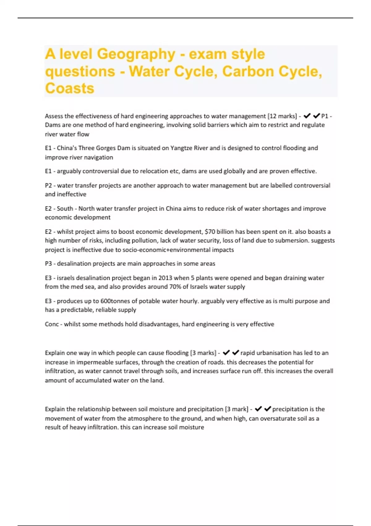 A level Geography - exam style questions - Water Cycle, Carbon Cycle ...