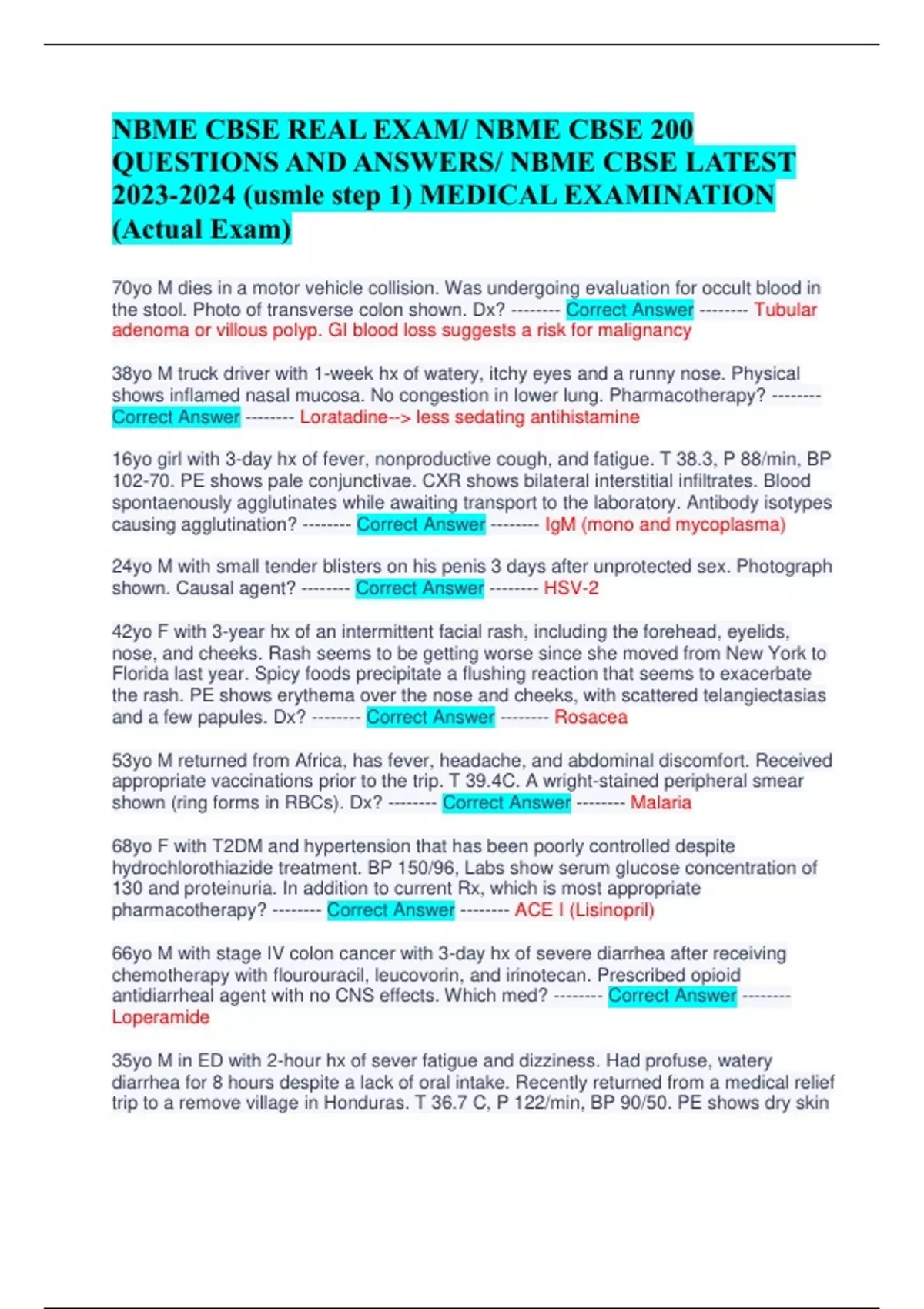 NBME CBSE 200 QUESTIONS AND ANSWERS/ NBME CBSE LATEST (usmle step 1 ...