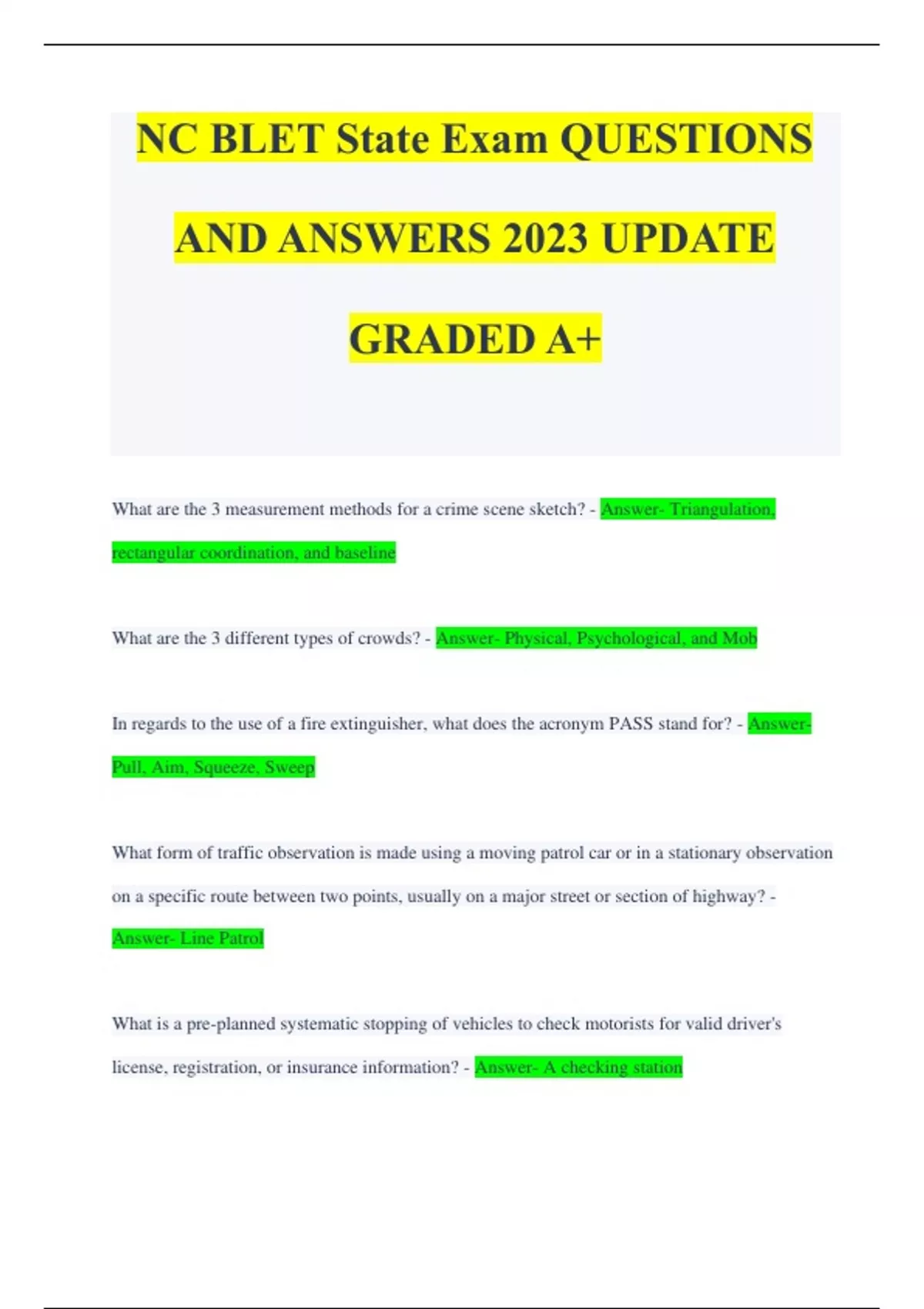 NC BLET State Exam QUESTIONS AND ANSWERS 2023 UPDATE GRADED A+ - NC ...