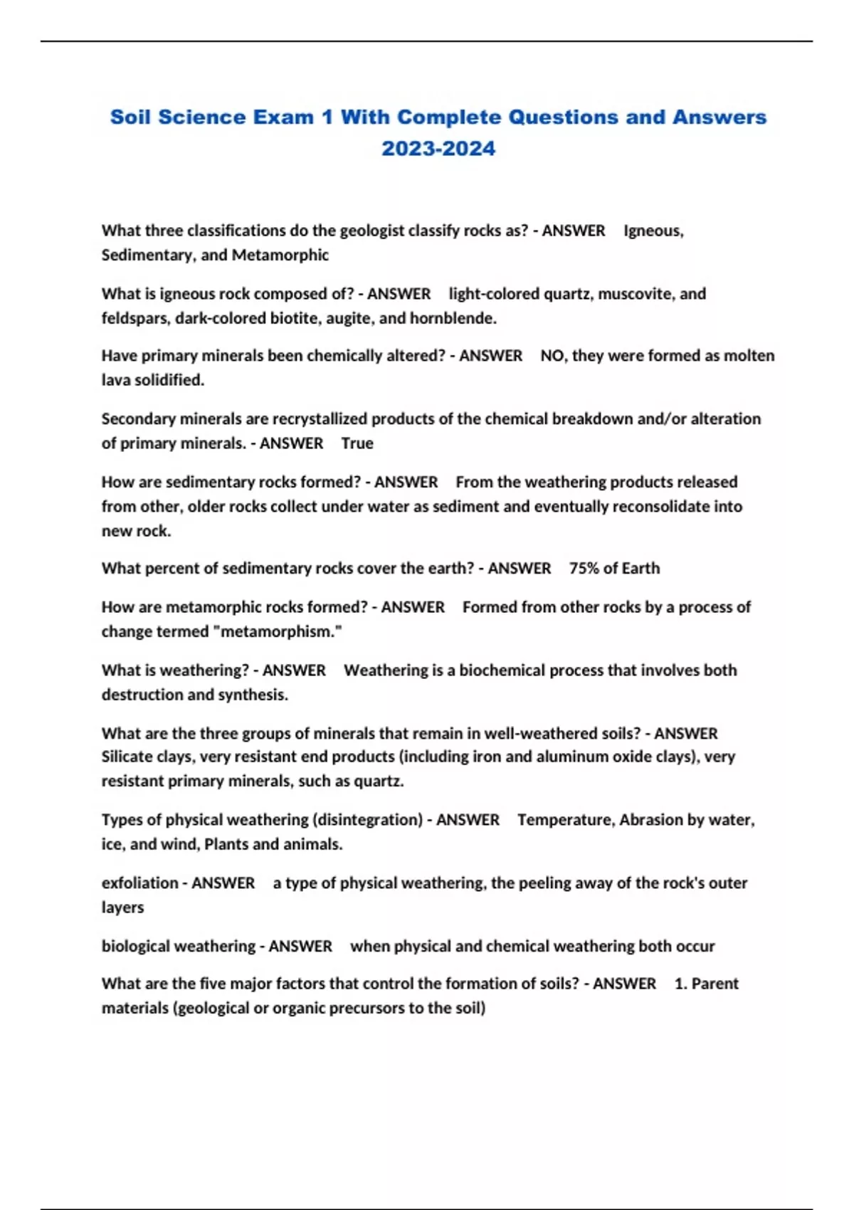Soil Science Exam 1 With Complete Questions and Answers - Soil Science ...