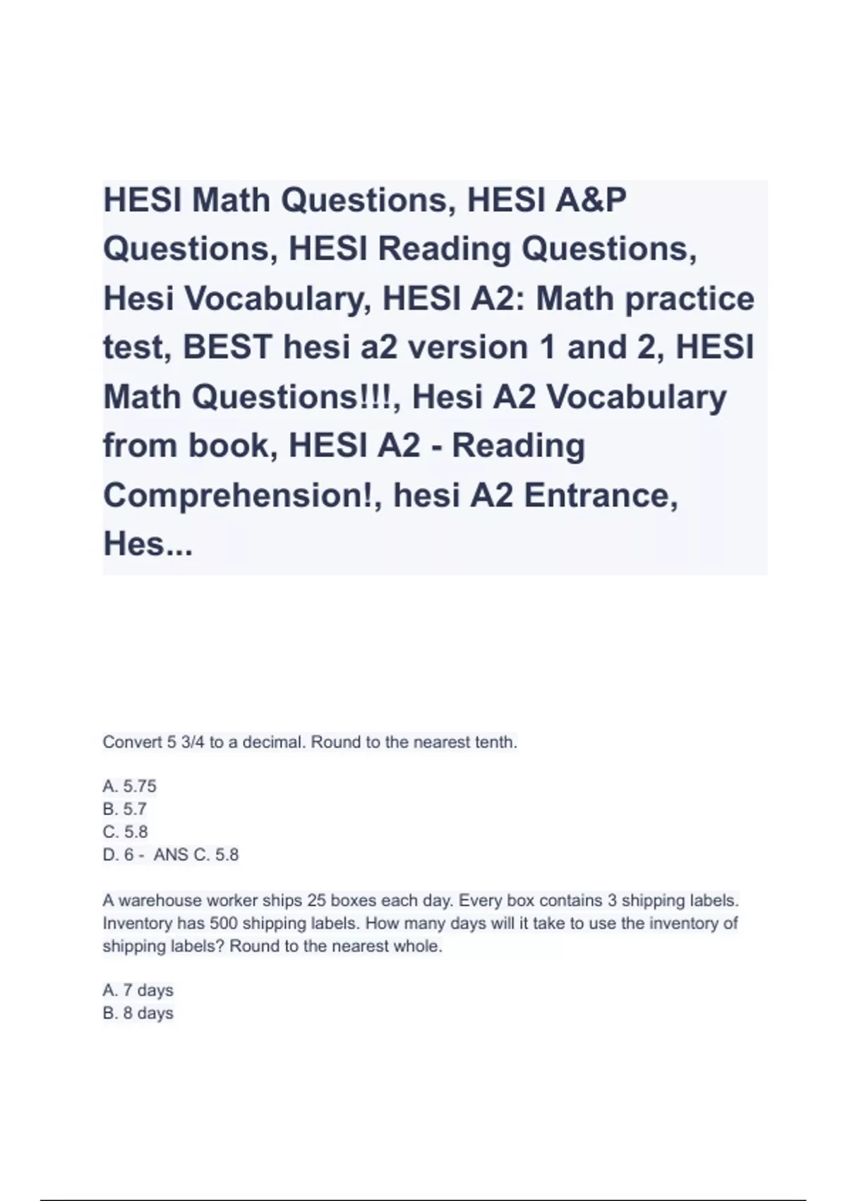 HESI A2 V2 QUESTIONS AND ANSWERS GRAMMAR,VOCABULARY, READING ...