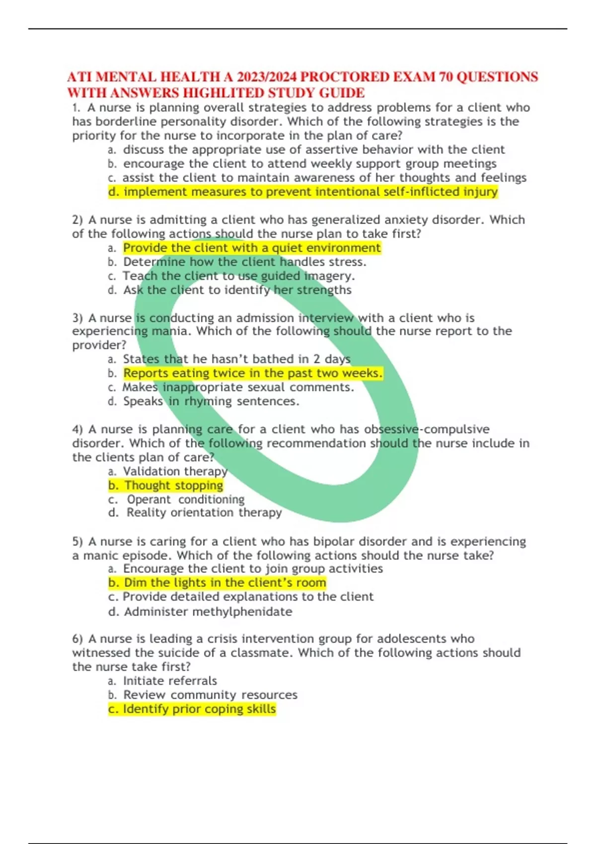 ATI MENTAL HEALTH A 2023/2024 PROCTORED EXAM 70 QUESTIONS WITH ANSWERS ...
