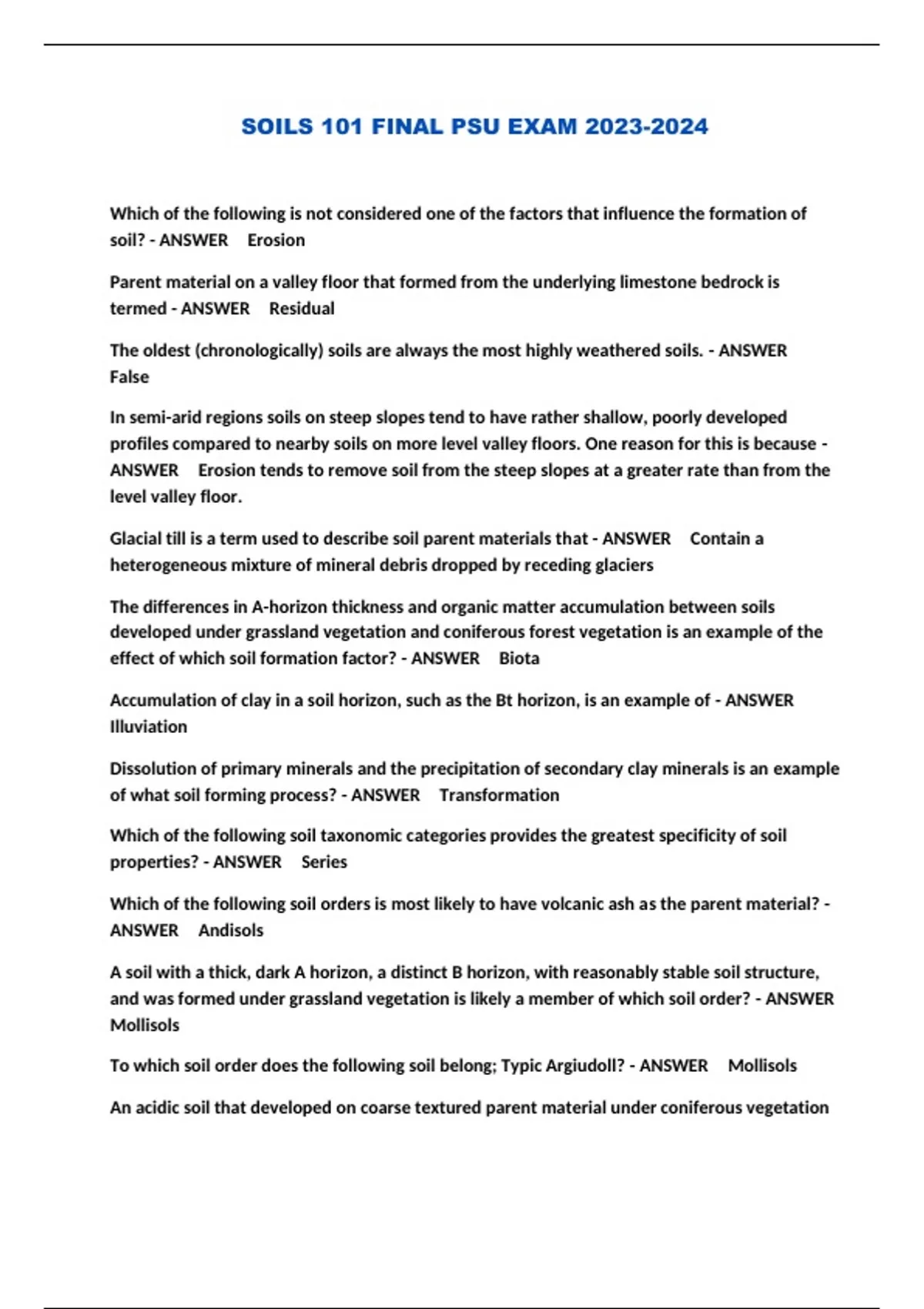 SOILS 101 FINAL PSU EXAM - SOILS 101 PSU - Stuvia US