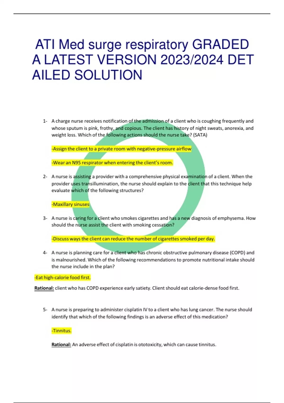 Exam (elaborations) ATI Med Surge Proctored Exam 2019 2 Exam ...