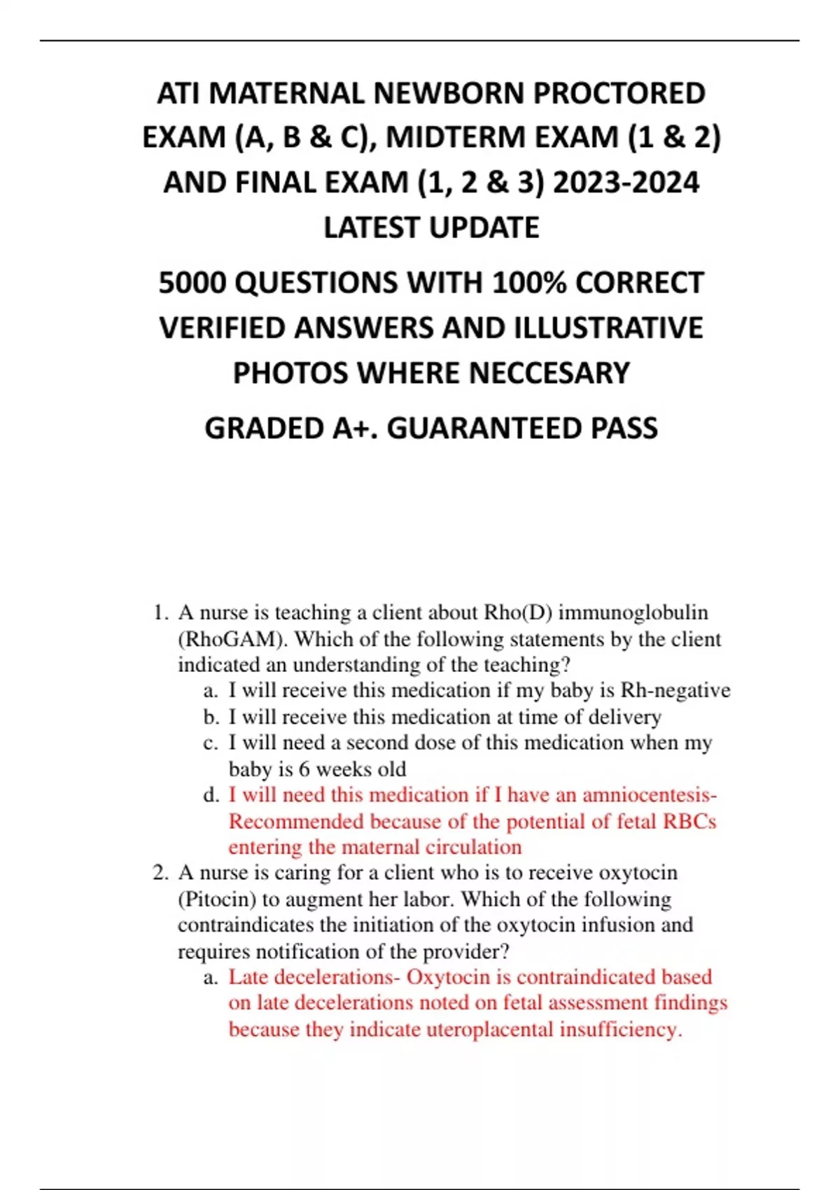 ATI MATERNAL NEWBORN PROCTORED EXAM (A, B & C), MIDTERM EXAM (1 & 2) AND FINAL EXAM (1, 2 & 3 ...