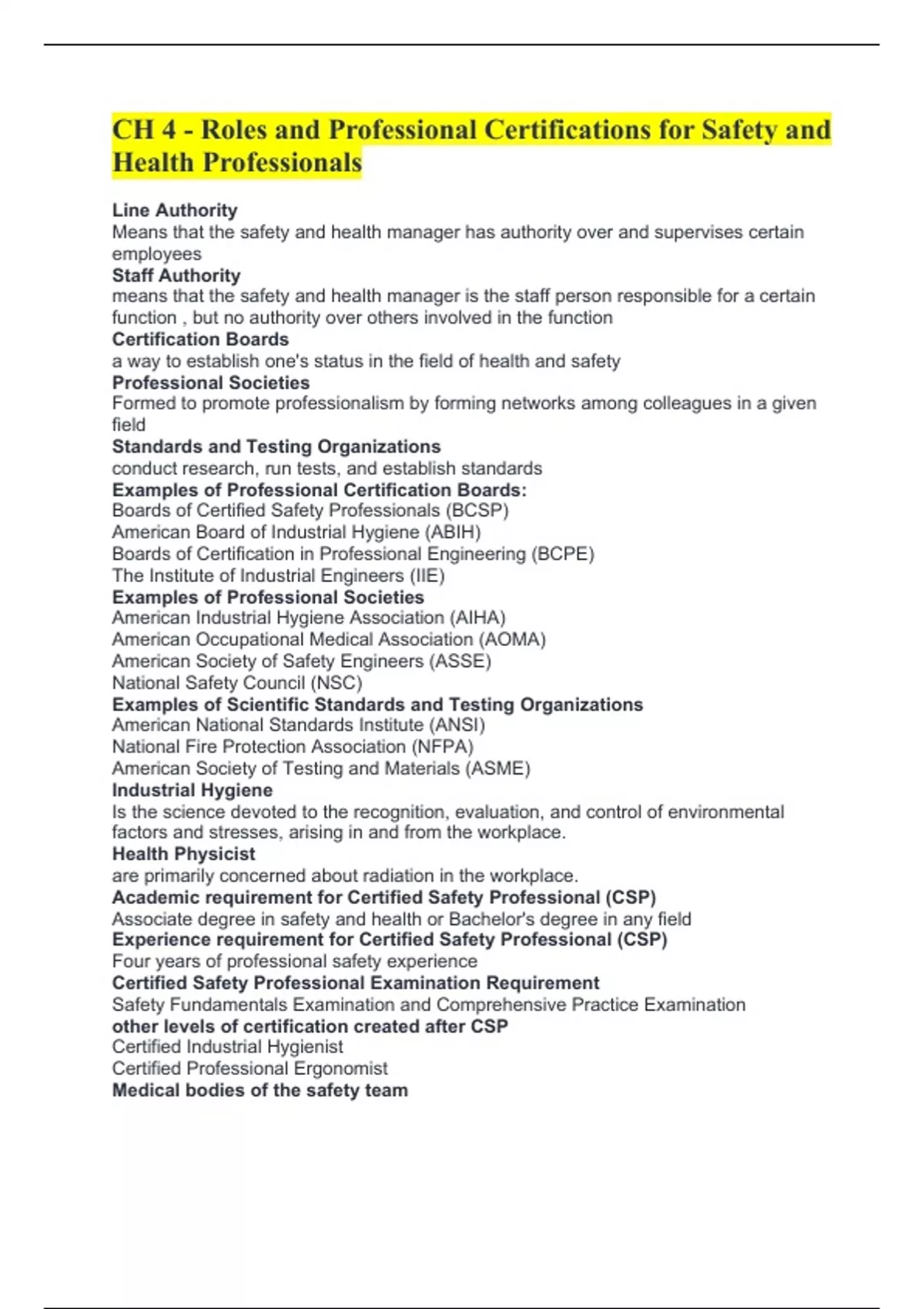 CH 4 - Roles and Professional Certifications for Safety and Health ...