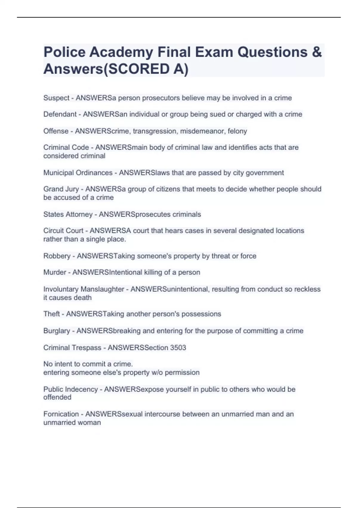 Police Academy Final Exam Questions & Answers(SCORED A) - Police ...