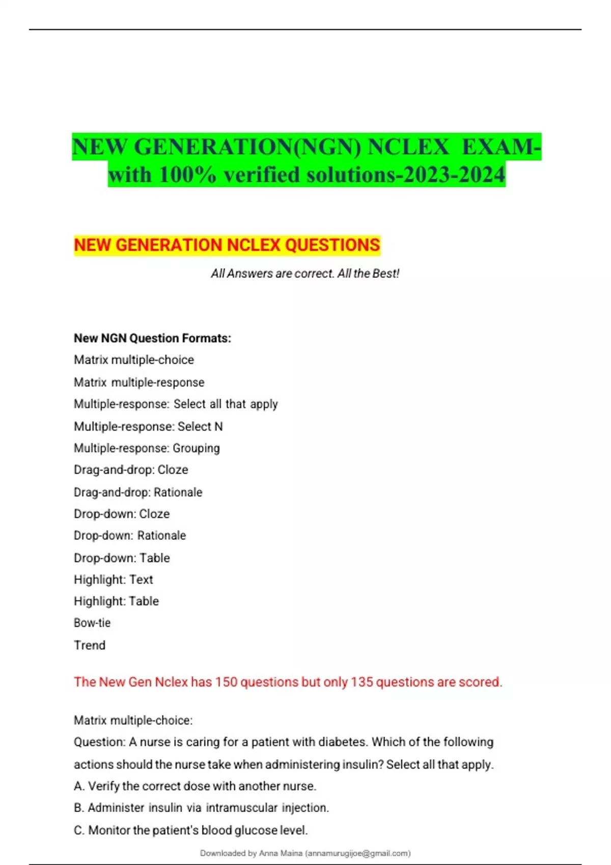 NEW GENERATION(NGN) NCLEX EXAM-with 100% verified solutions- - NEW ...