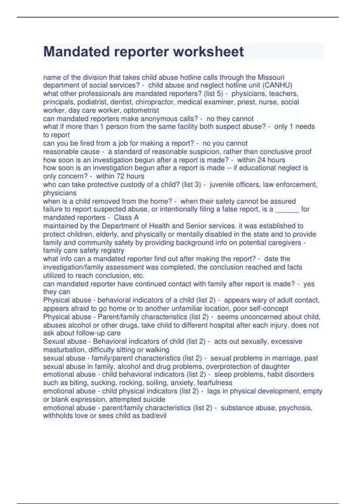 Mandated reporter worksheet - Mandated reporter worksheet - Stuvia US